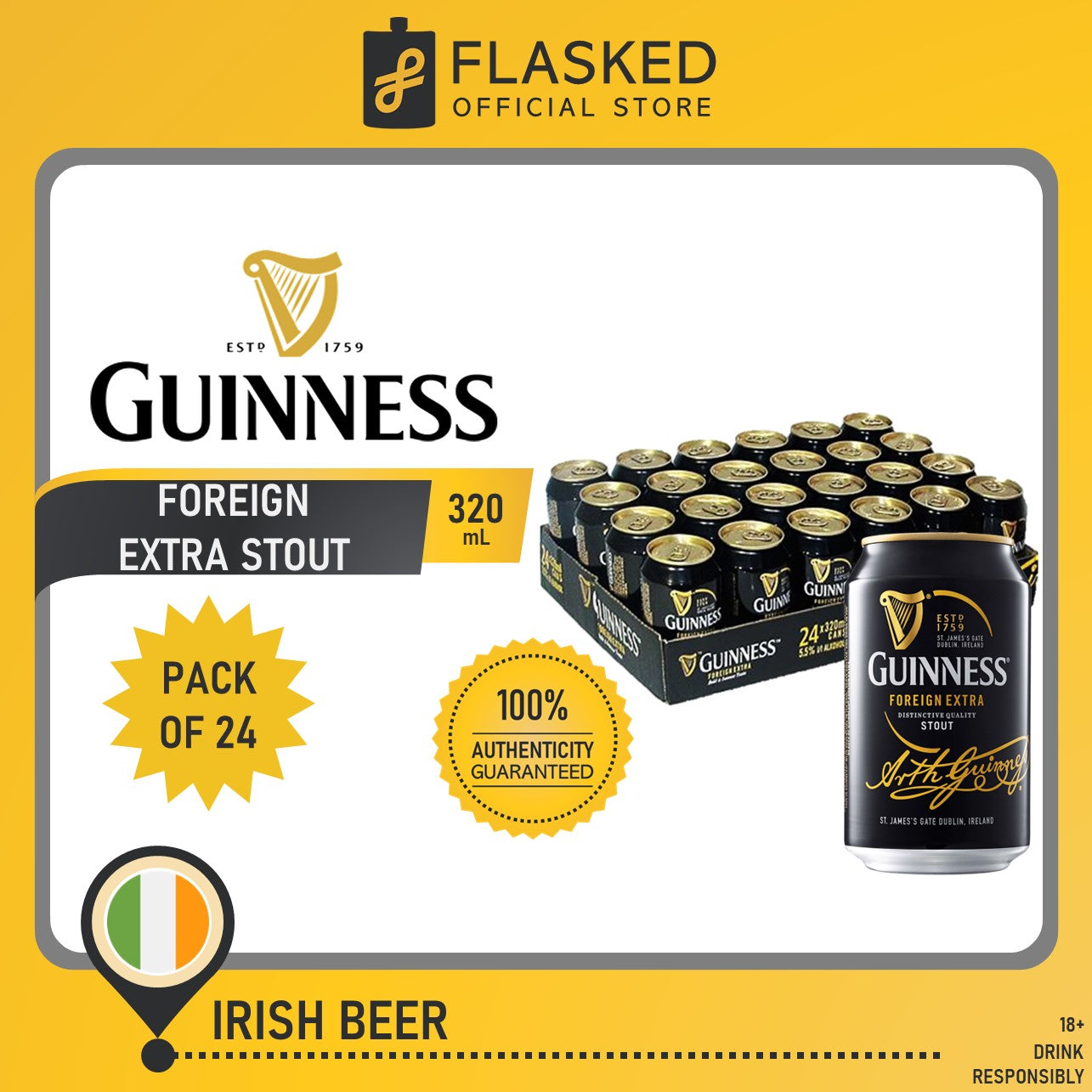 Guinness FES Foreign Extra Stout Irish Beer 320mL pack of 24 – Flasked ...
