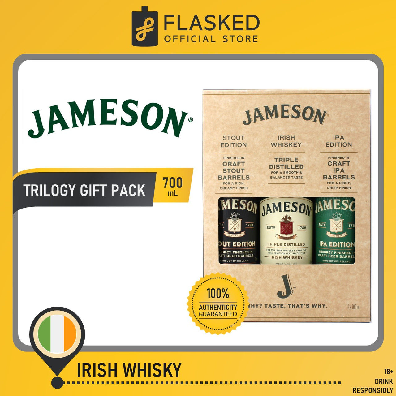Jameson Trilogy Gift Pack Irish Whiskey Original, Stout Edition, & IPA ...